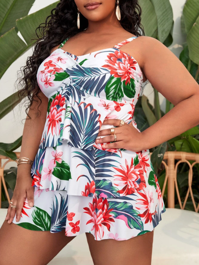 Plus Layered Ruffles Women Tankini Skirt with Bottoms White – Plus Curvves